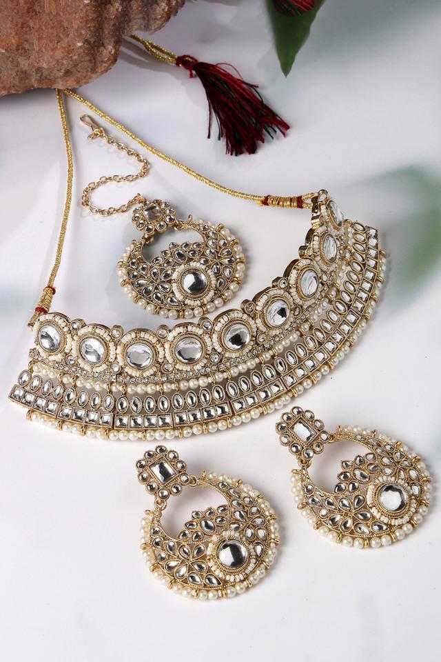 Buy SUKKHI undefined Fashion Forward Gold Plated White Kundan Beads Choker Necklace Set With Earring And Maangtika Shoppers Stop