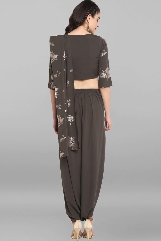 Buy JANASYA Janasya Women's Olive Green Poly Crepe Botanical Print Crop ...