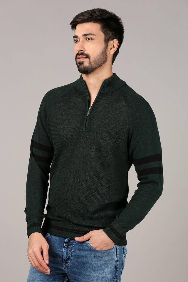 Buy LIFE Dark Green Jacqaurd Cotton Regular Fit Men's Sweater ...