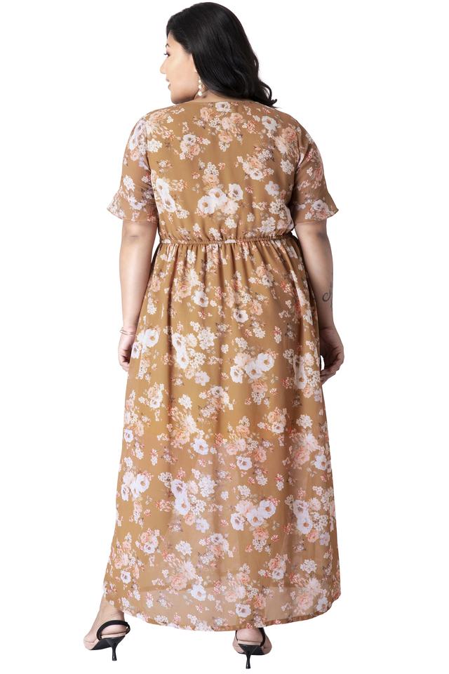 Buy FABALLEY CURVE Floral Georgette V Neck Women's Maxi Dress ...