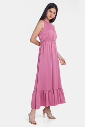 Buy ZINK LONDON Pink Solid Polyester Halter Neck Women's Maxi Dress ...